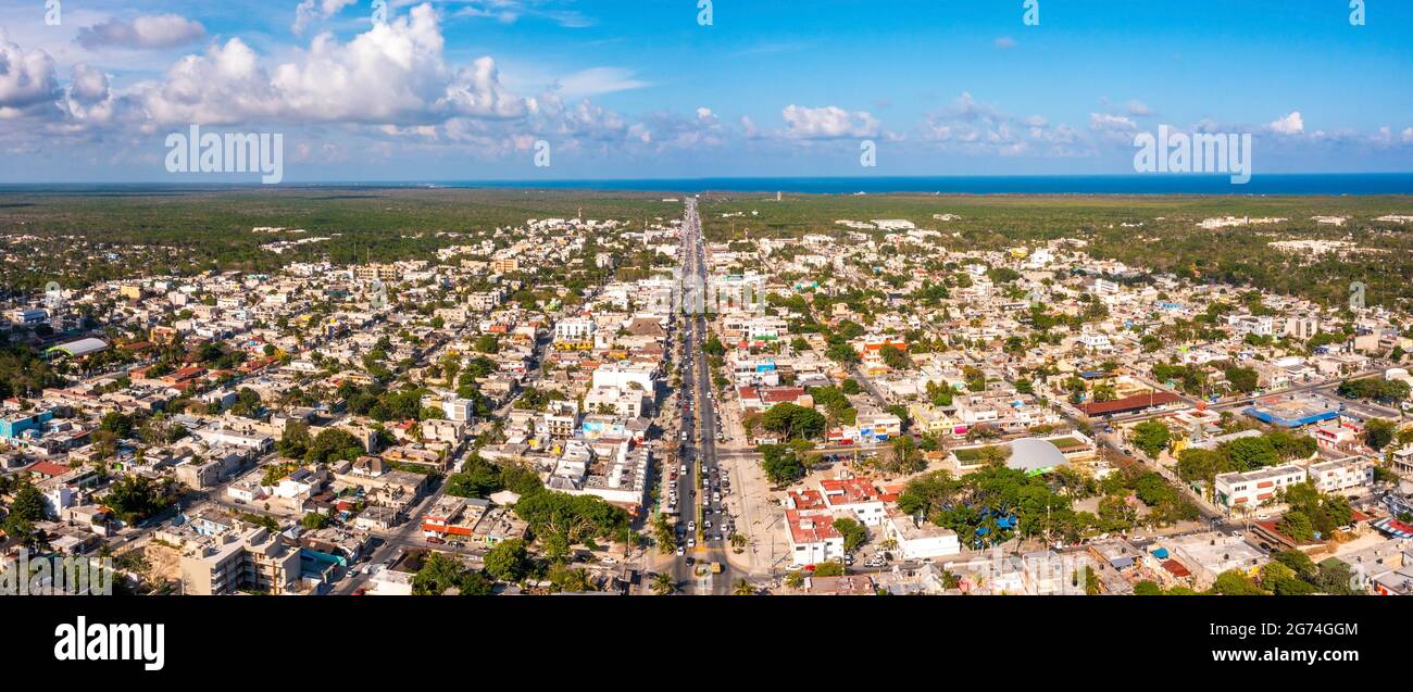Aerial view of the Tulum town from above. Small Mexican village Stock ...