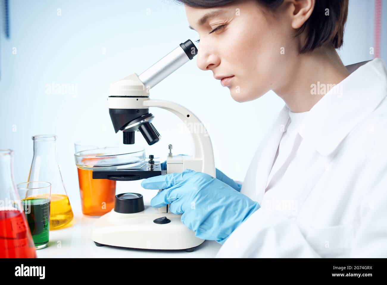 female laboratory assistant research science microbiology analyzes ...