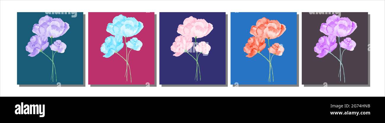 Watercolor hand drawn flower set in purple, blue, orange, pink, violet ...