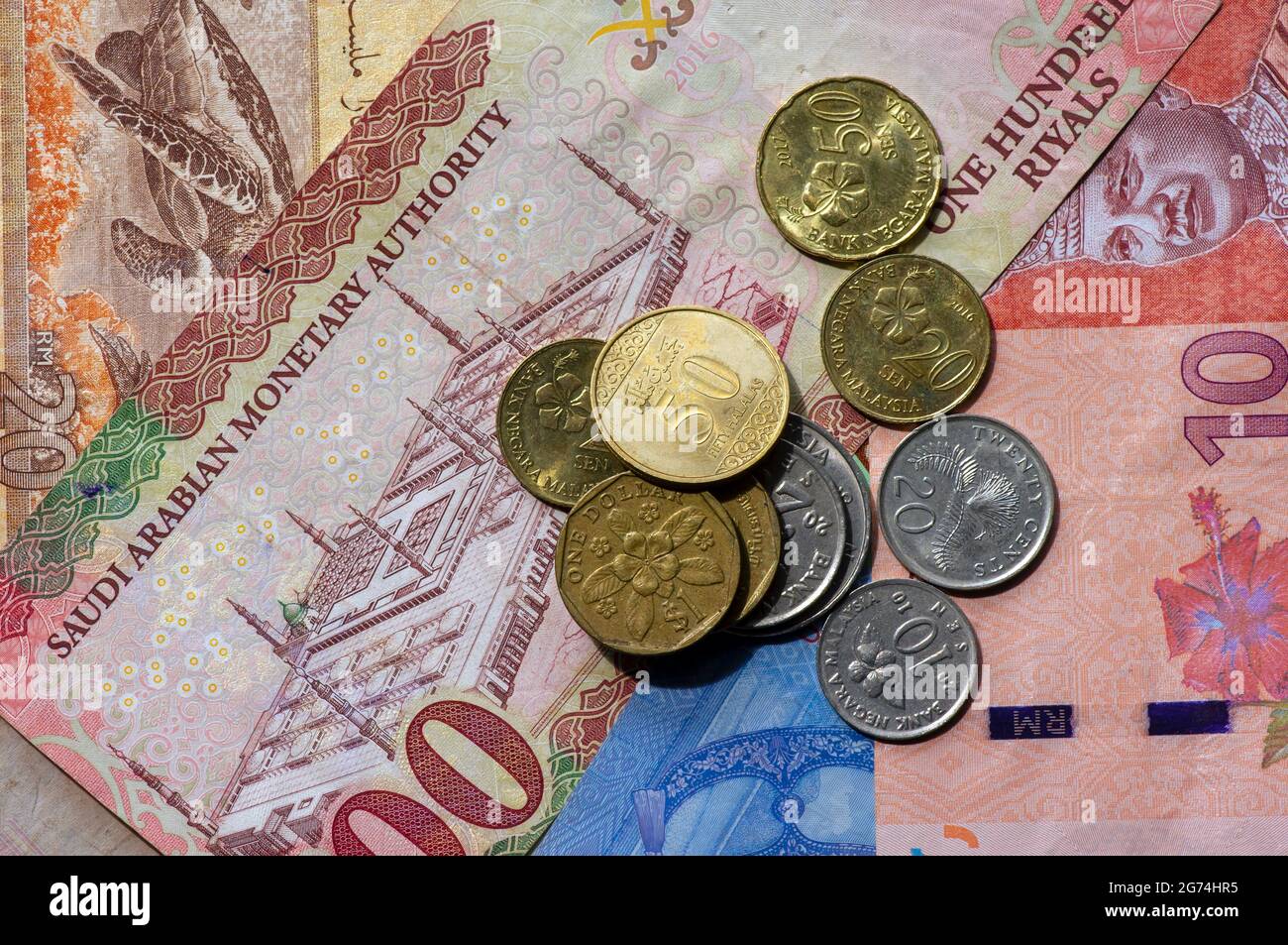 Top view of money, banknote of Ringgit Malaysia, Singapore dollar and ...