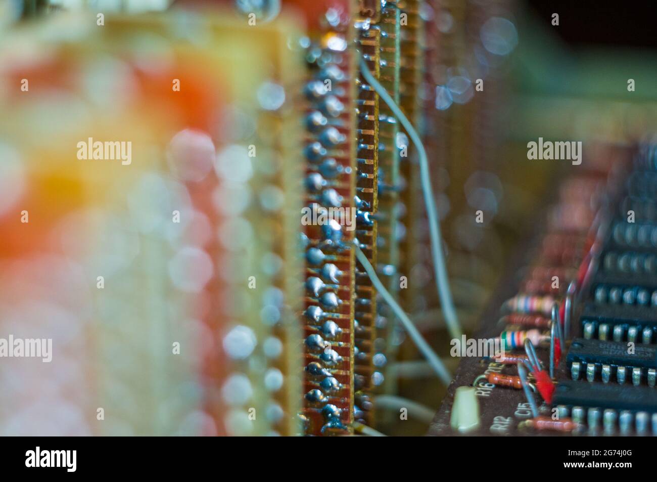 Vintage electronic circuit boards with radio parts and chips, close-up ...