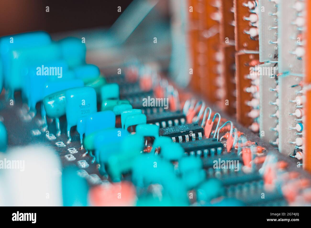 Vintage electronic circuit boards with radio parts and chips, close-up ...