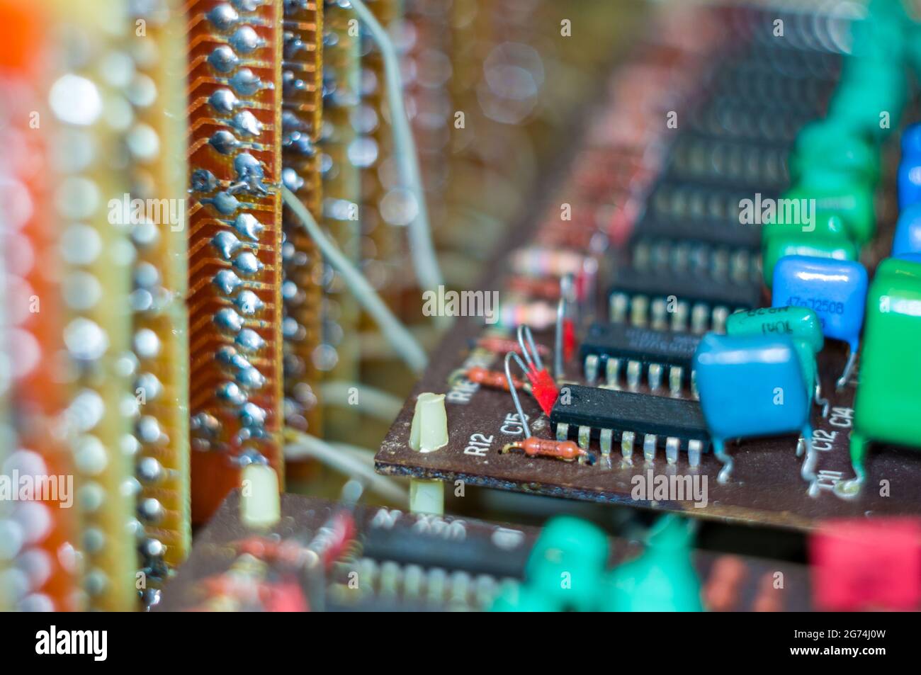 Vintage electronic circuit boards with radio parts and chips, close-up ...