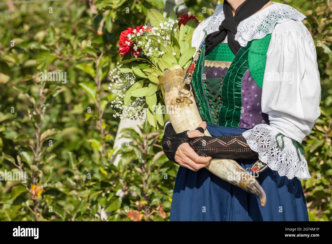 A girl in typical costume during an autumn local celebration in Val ...