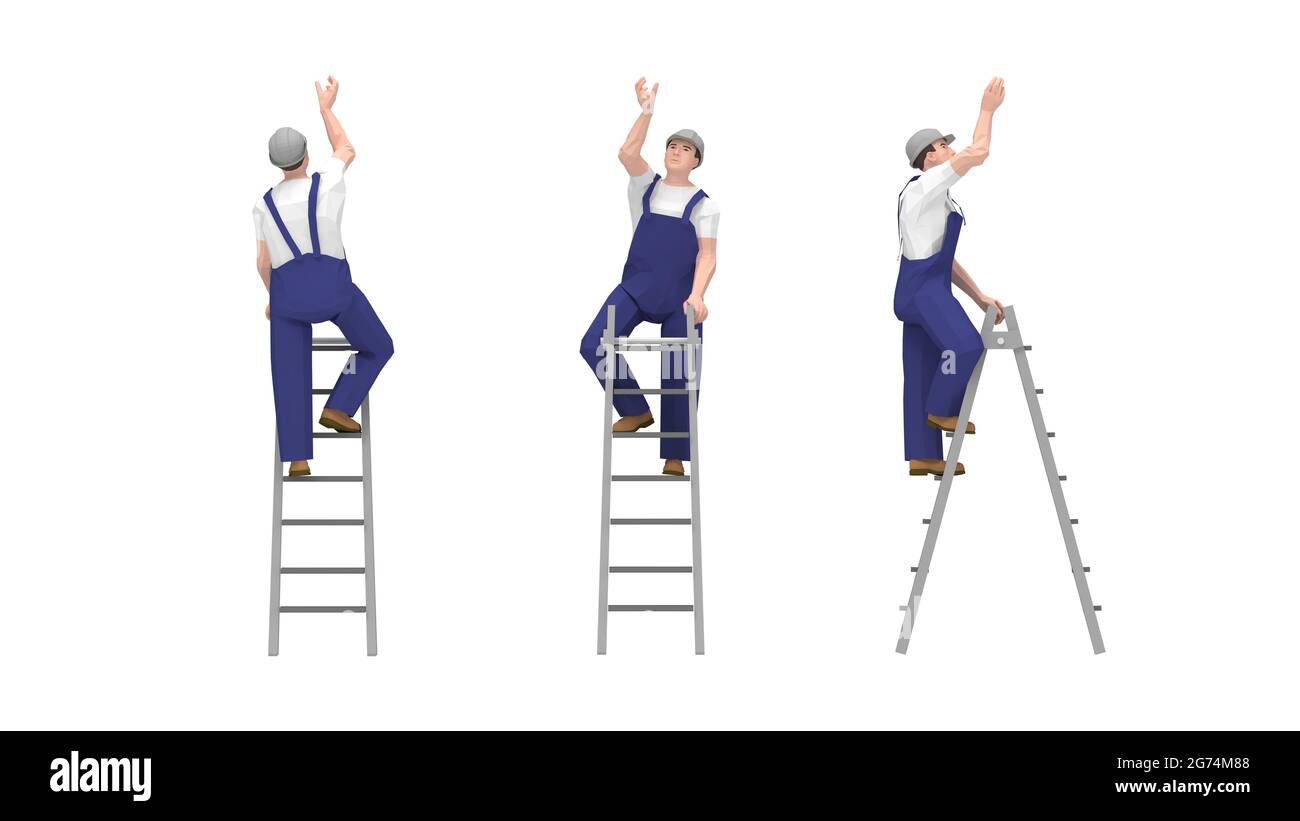 3D rendering of a worker on a ladder from multiple views, front side ...