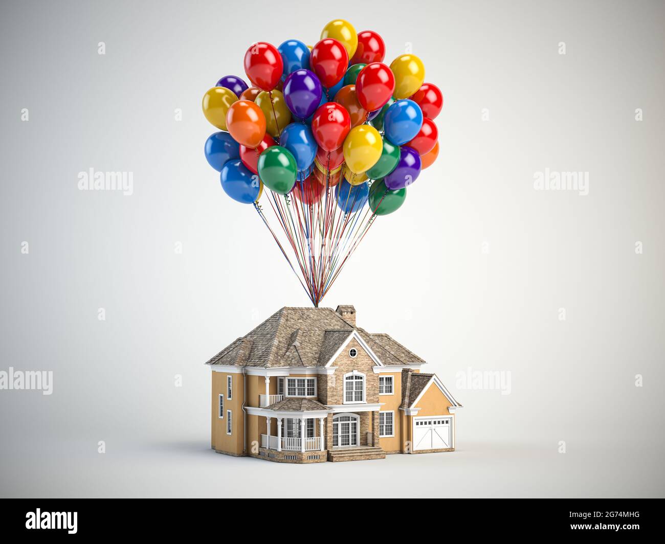 House with balloons bunch on white background. Real estate purchasing ...