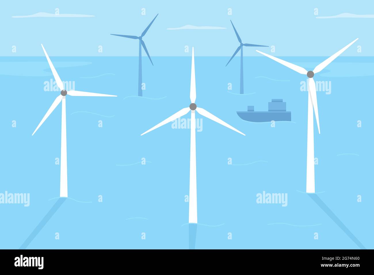 Wind farm locating in shallow water flat color vector illustration ...