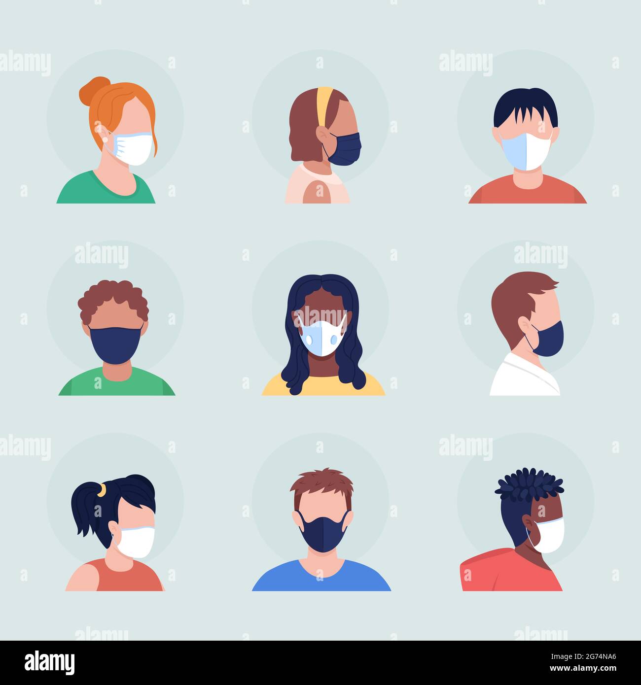 Face covering semi flat color vector character avatar with mask set ...