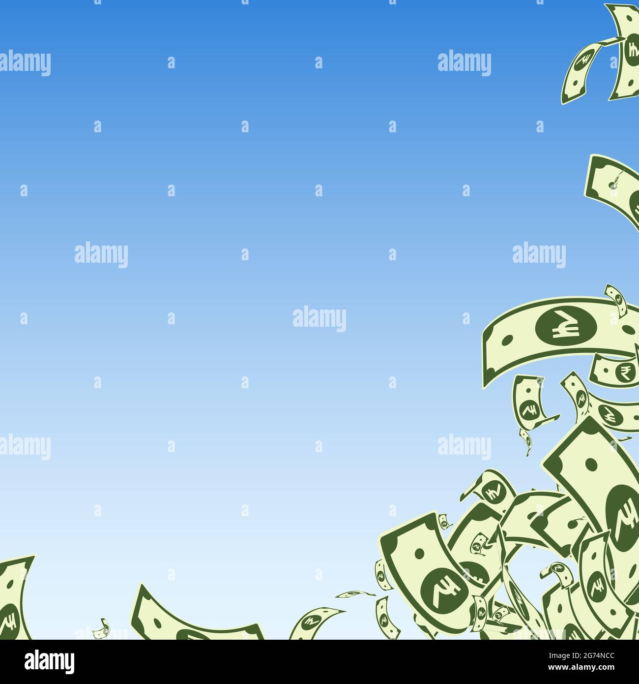Indian rupee notes falling. Messy INR bills on blue sky background ...