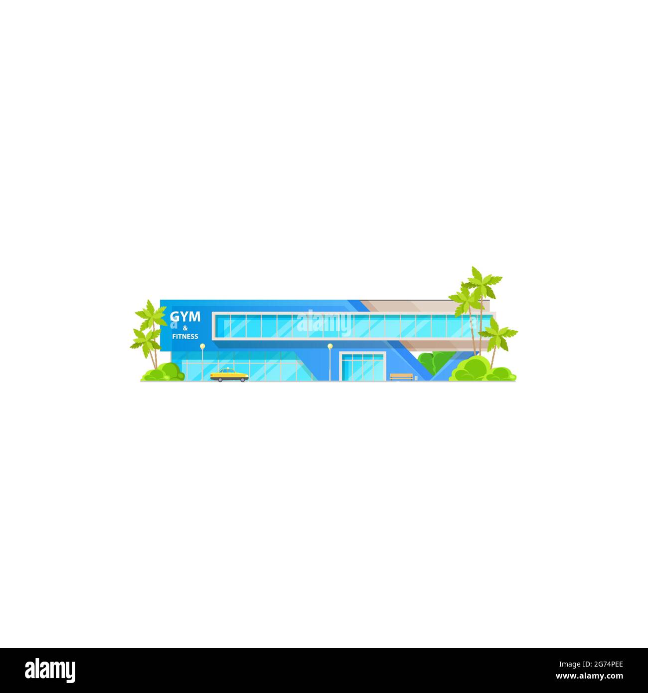 Gymnastic activity gym, front view of beauty center at resort, palm ...