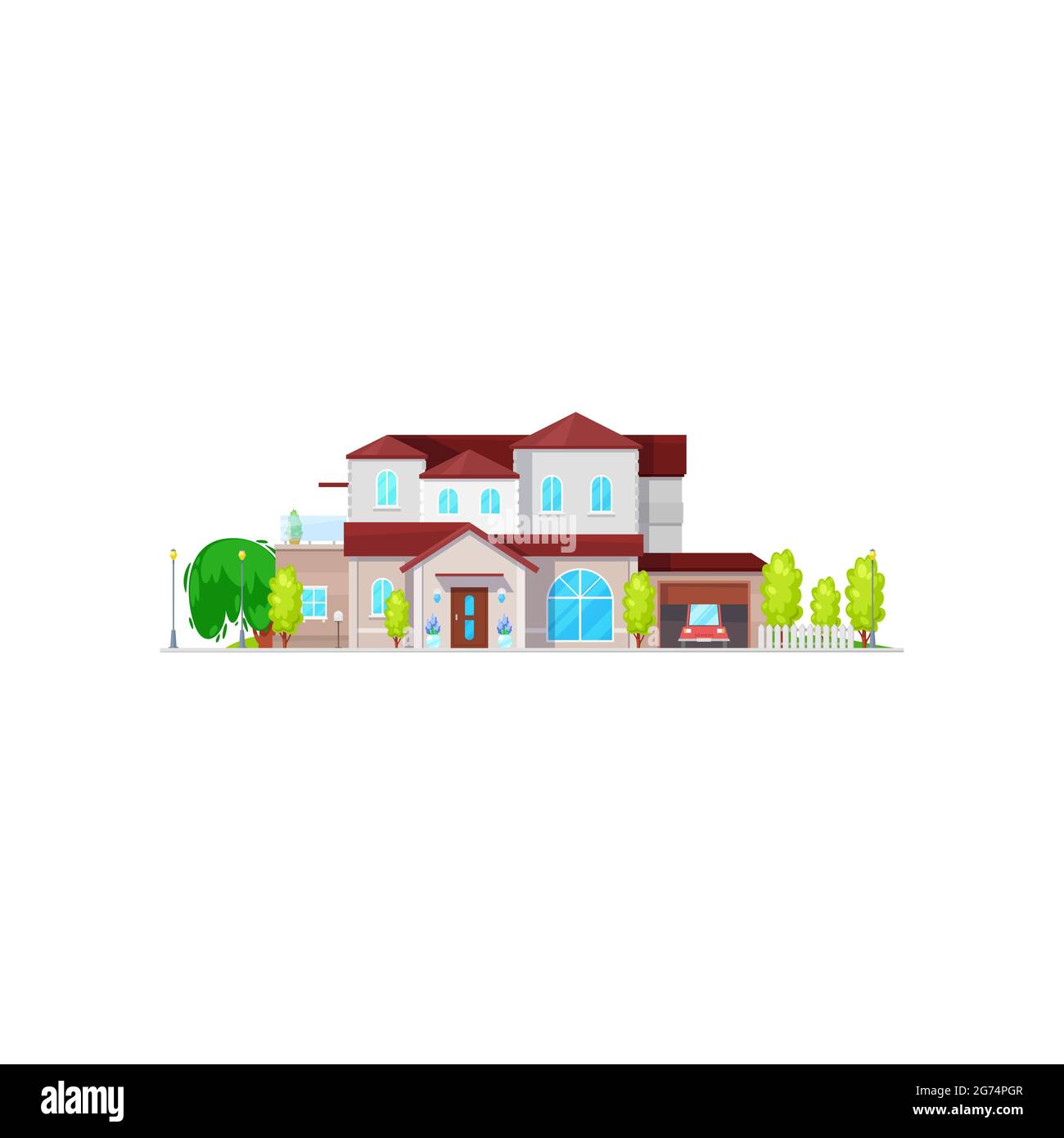 Big american country house with car in garage isolated retro building ...