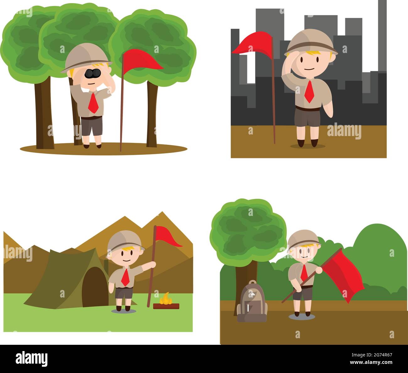 Boy scout character in uniform standing Design Illustration Set Stock ...