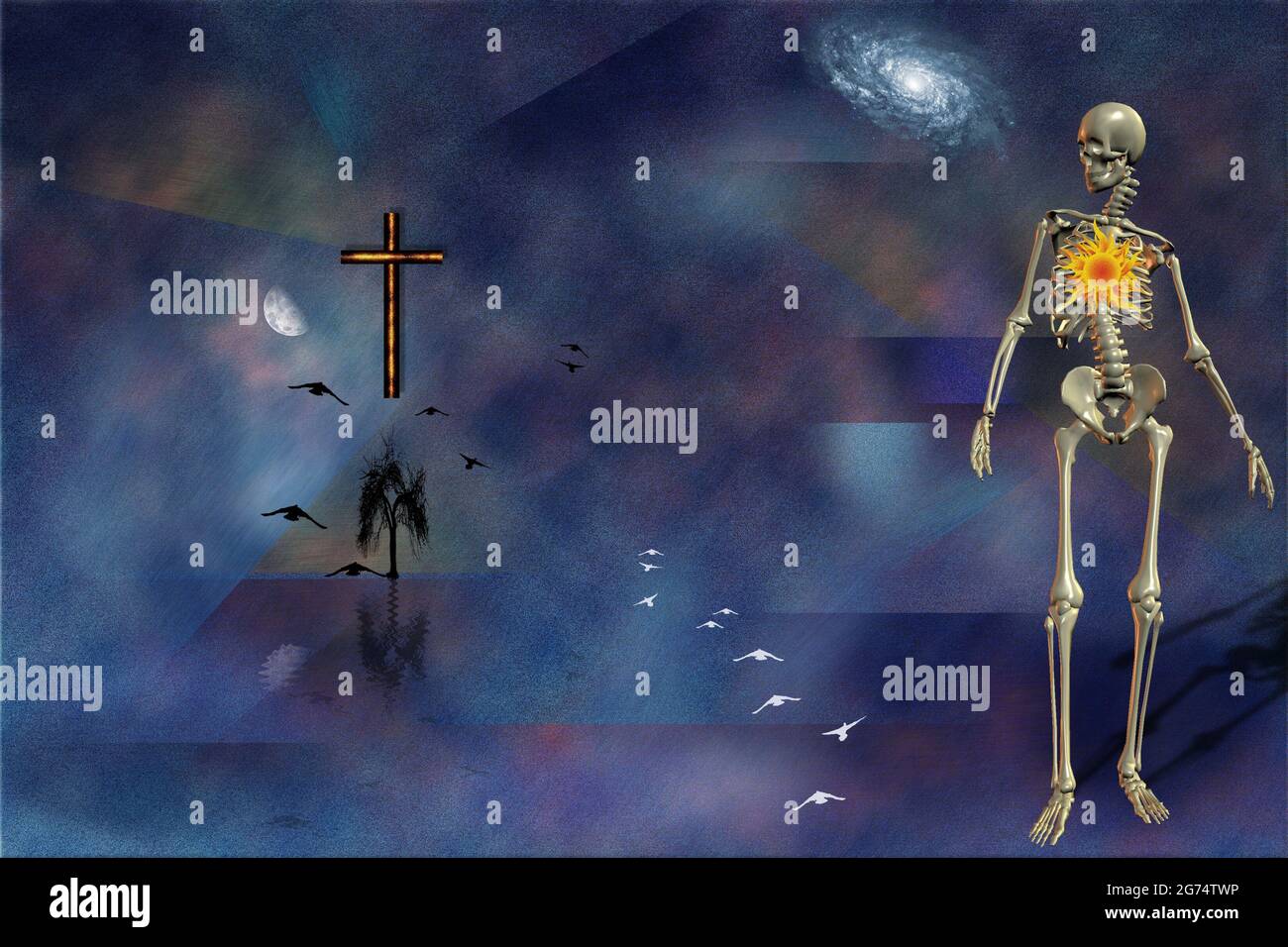 Afterlife. Symbolic abstract painting. Cross, human skeleton, burning ...