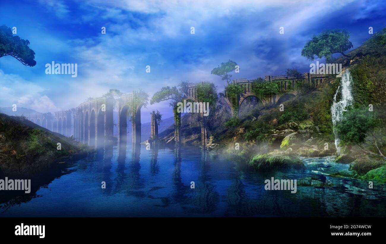 Fantastic landscape with river, aqueduct and waterfall, 3D render Stock ...