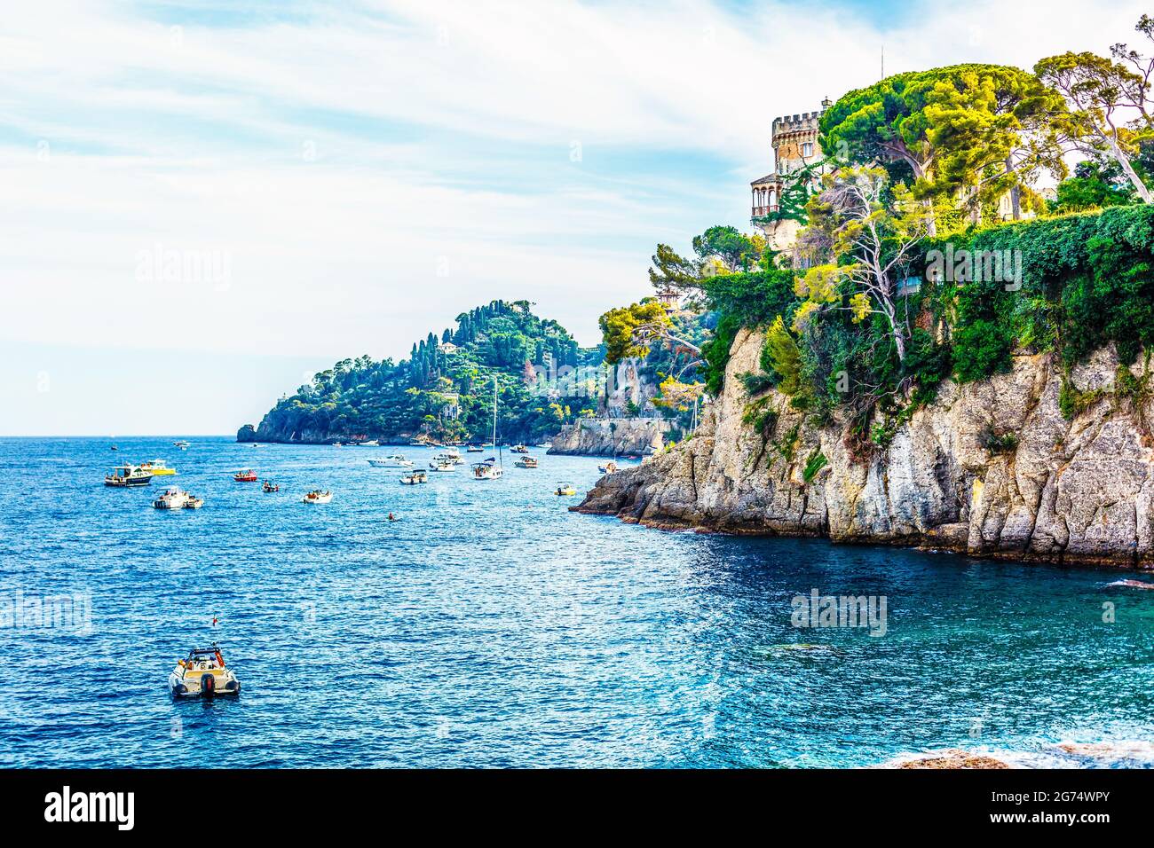 Beach next to Portofino in Italy. Beautiful bay of Paraggi. Swimming ...