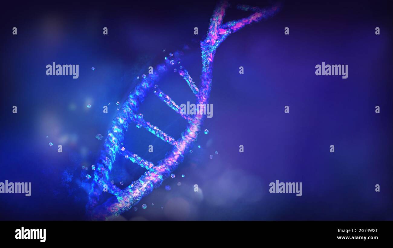 DNA double helix starting to decay on blue background, 3D render Stock ...