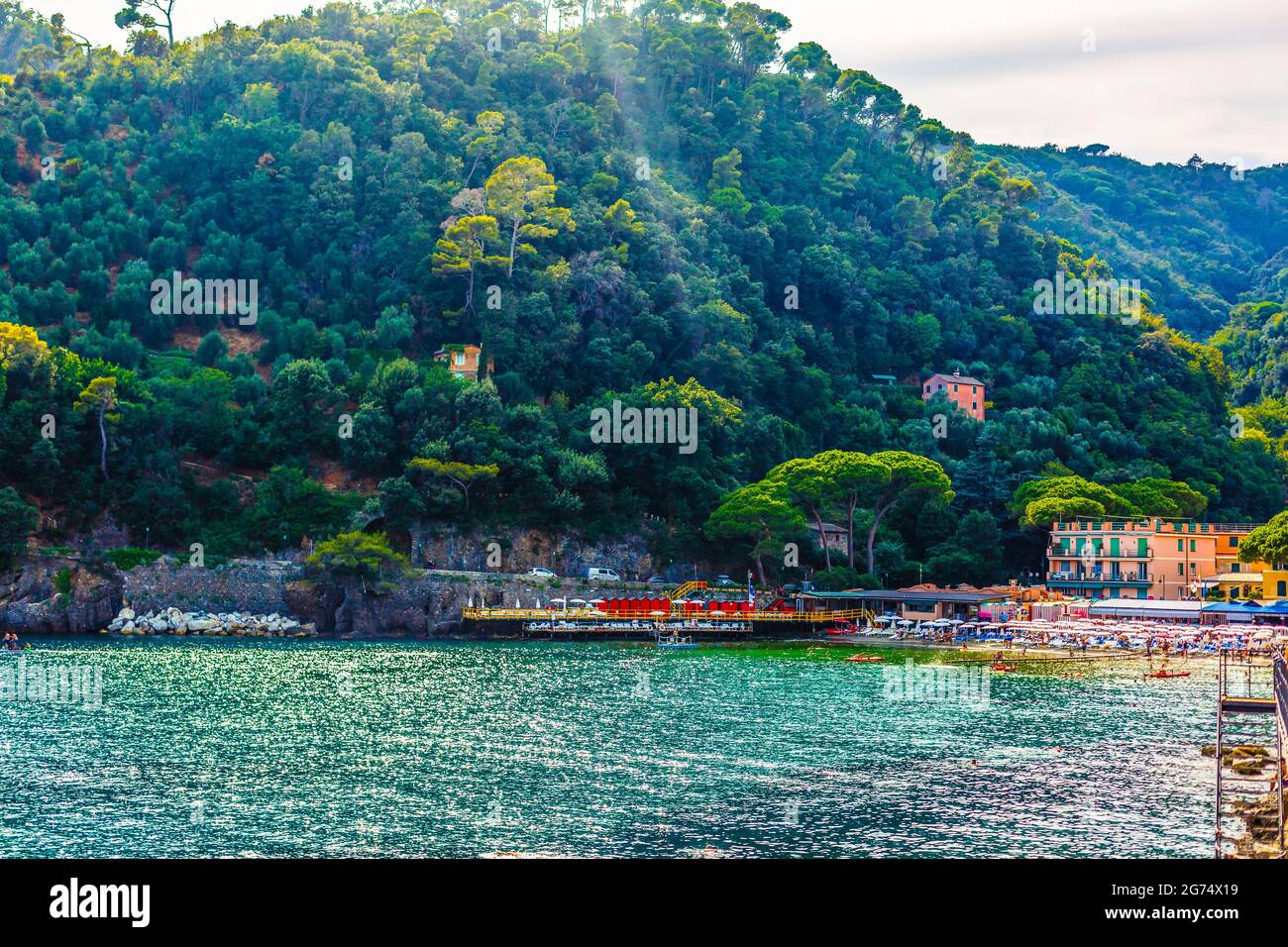Beach next to Portofino in Italy. Beautiful bay of Paraggi. Swimming ...