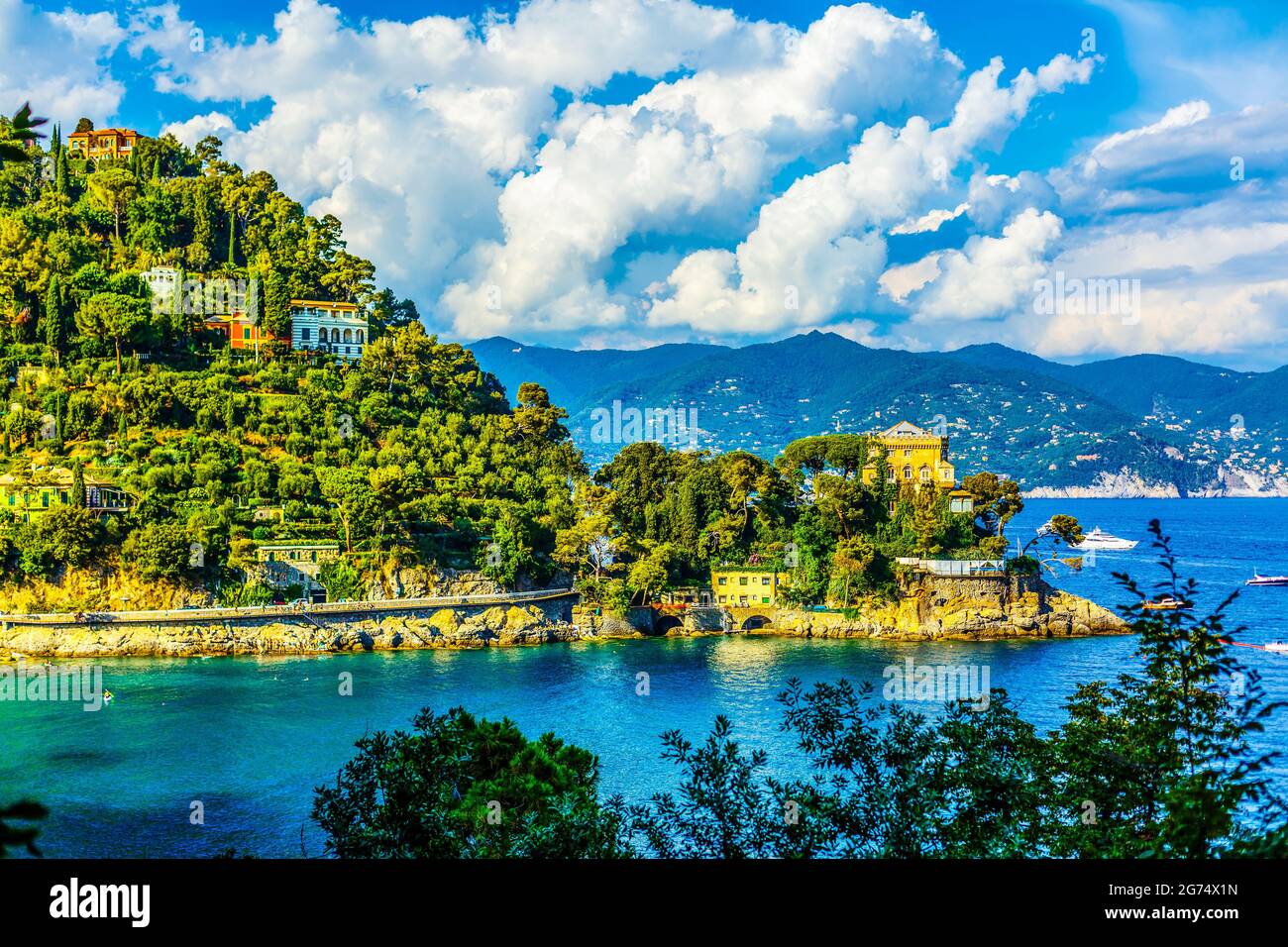 Beach next to Portofino in Italy. Beautiful bay of Paraggi. Swimming ...