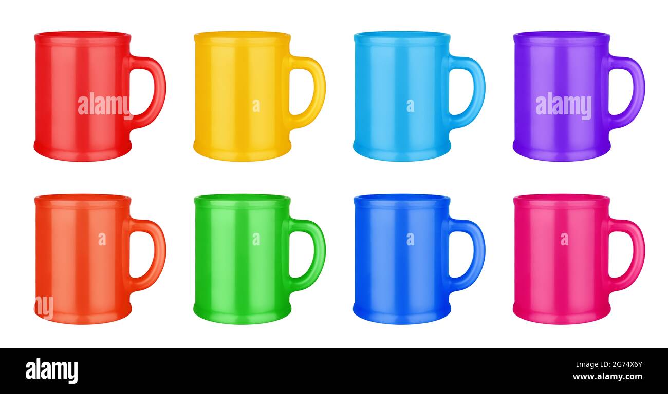Colorful ceramic cups set white background isolated closeup, color ...