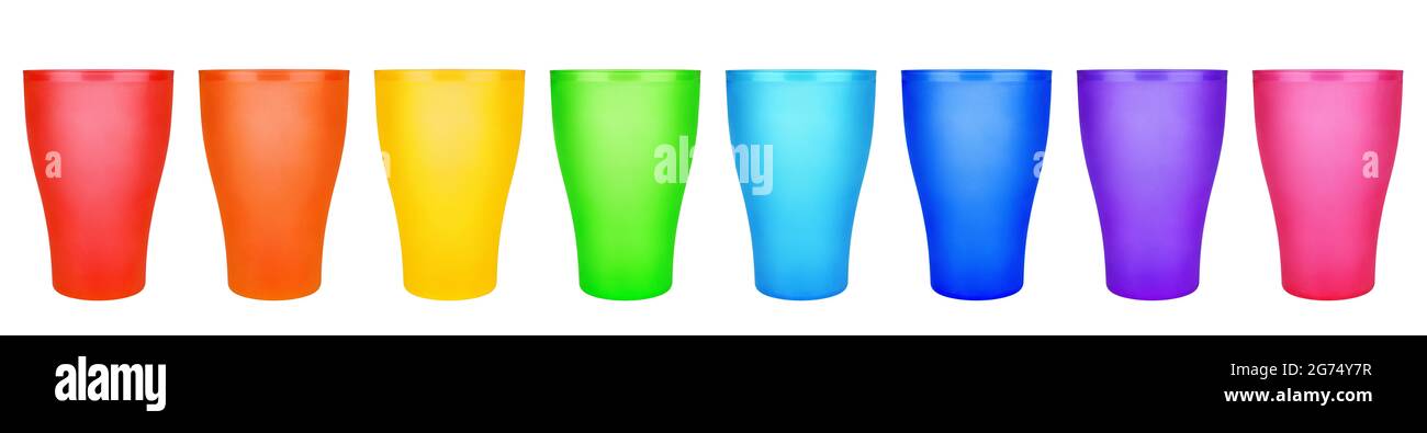 Colorful empty plastic cups set isolated white closeup, color blank ...