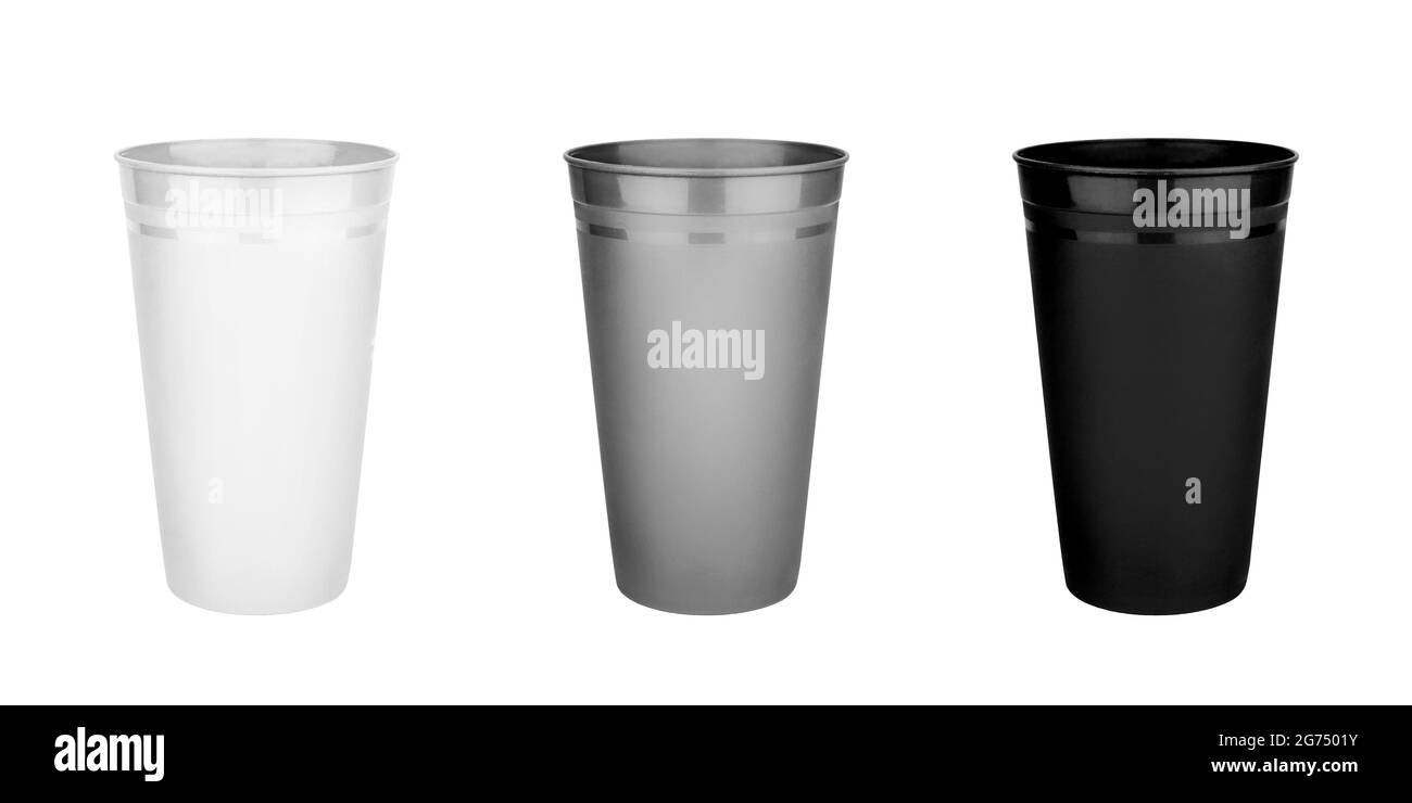 Black, white, gray empty plastic cups set isolated closeup, 3 blank ...