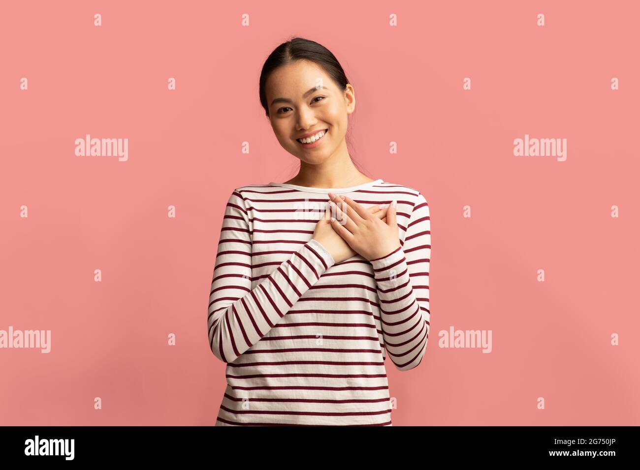 Gratitude Concept. Thankful Young Asian Woman Keeping Both Palms On ...