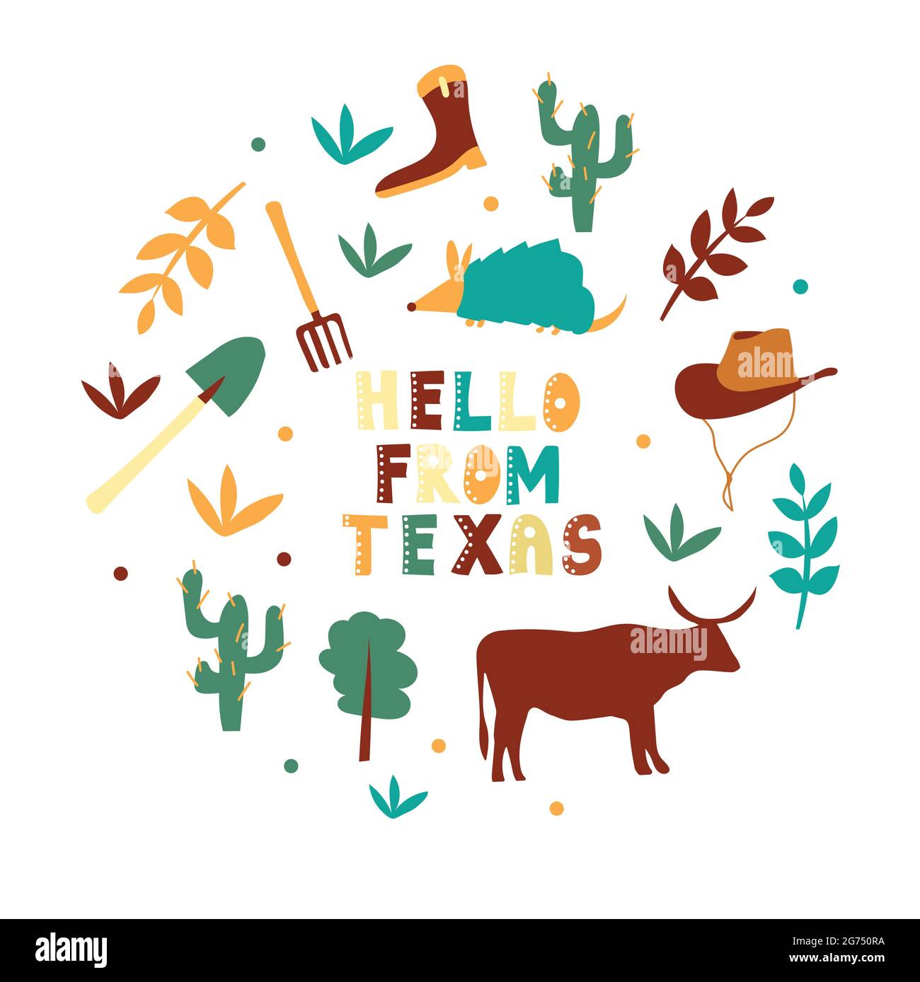 Illustrated map of the state of Texas in United States with state ...