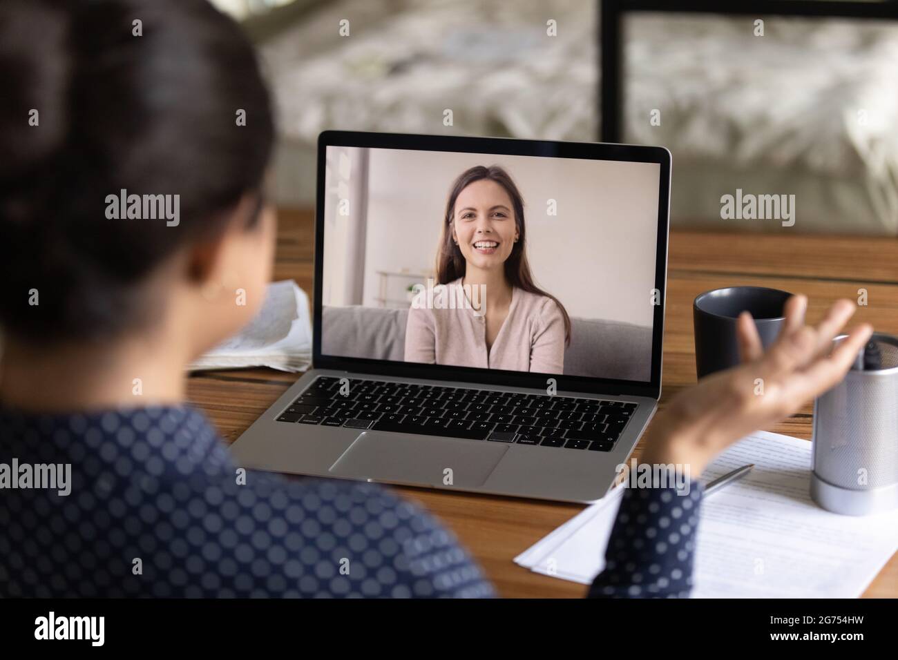Happy young millennial colleagues having virtual talk Stock Photo - Alamy