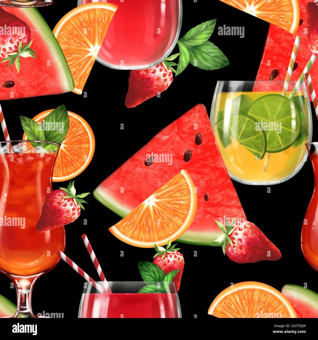 Vibrant summer background. Seamless pattern with cocktails and fruits ...