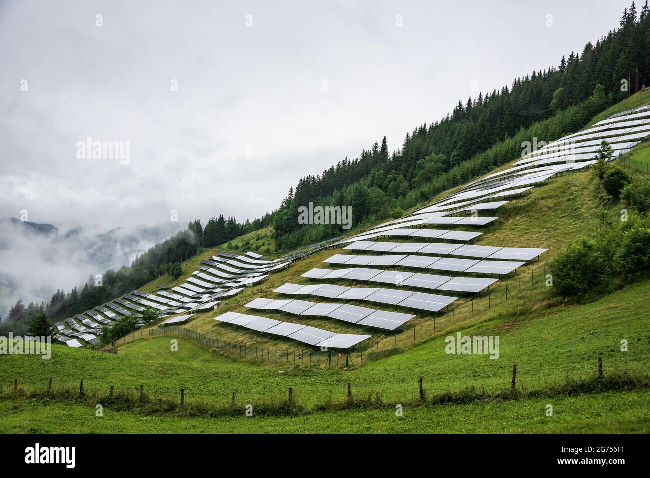 Solar, photovoltaic power station located on a mountain slope in the ...