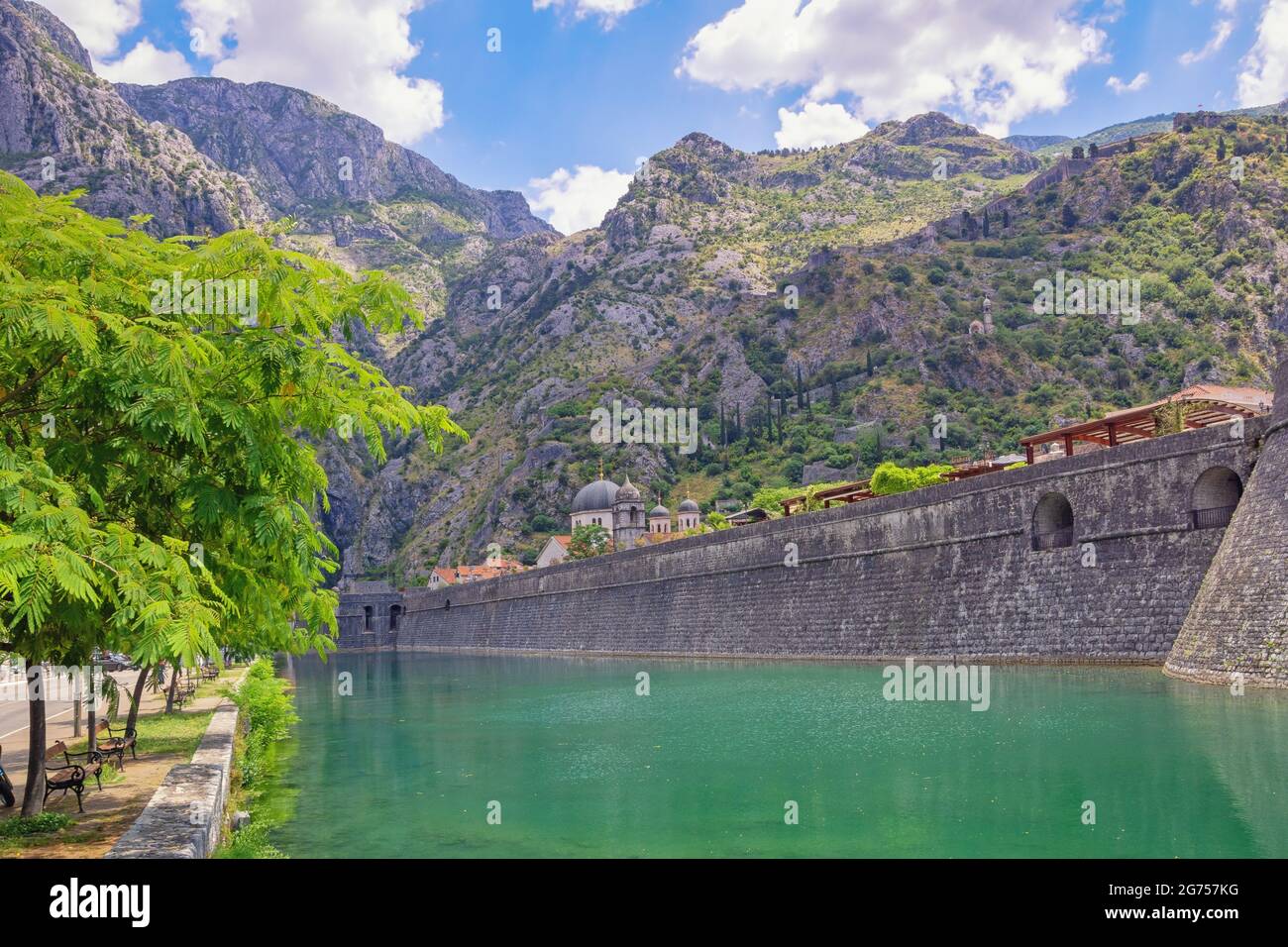 Montenegro, Kotor city. View of Skurda river and northern walls of Old ...