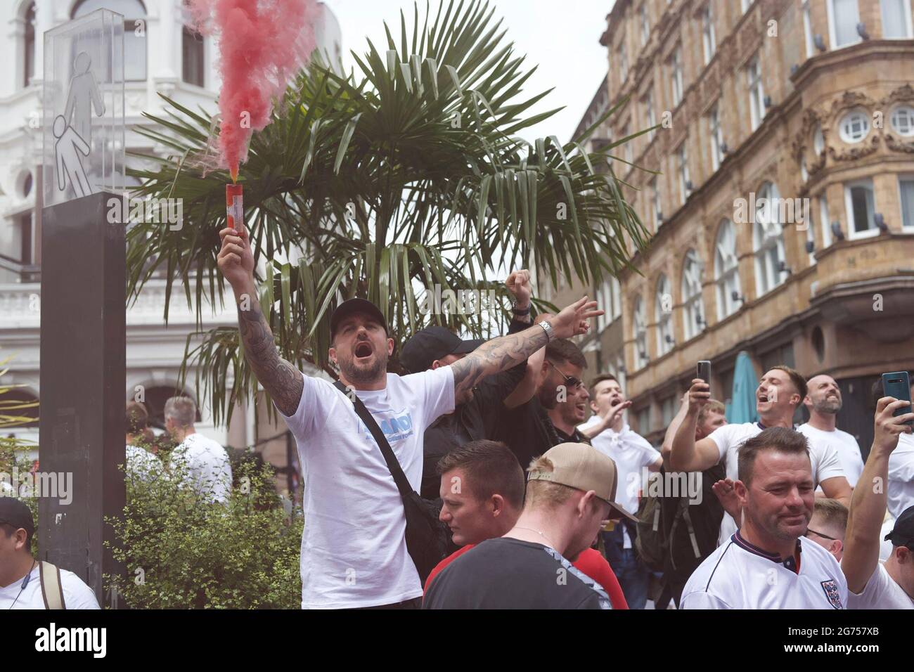 London, UK. 11th July, 2021. England fan with a flare at Leicester ...