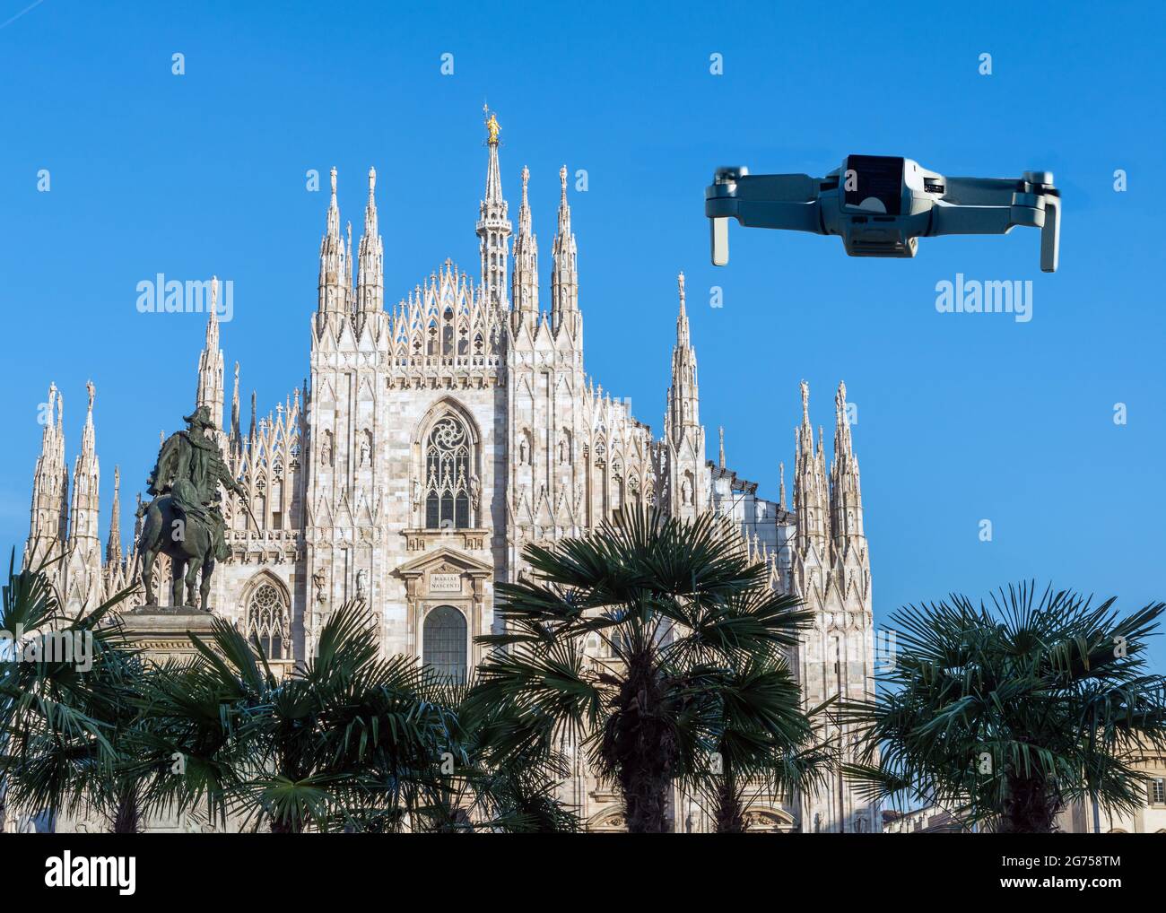 Digital composite of drone flying near Duomo Cathedral in Milan, Italy ...