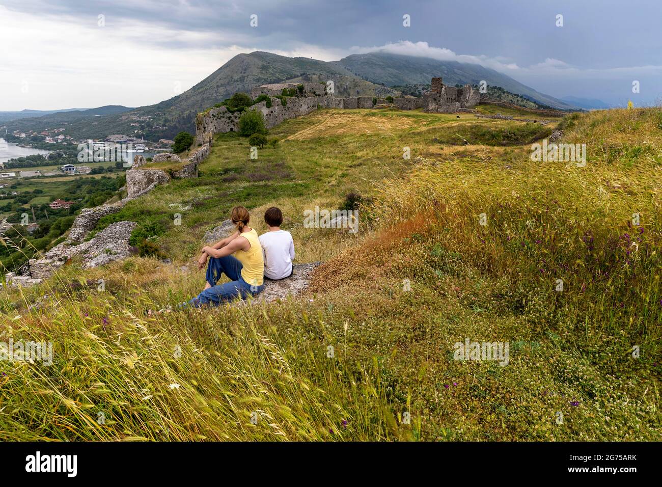 Mother and son sightseeing on the ruins of Rozafa Castle, Shkodra ...