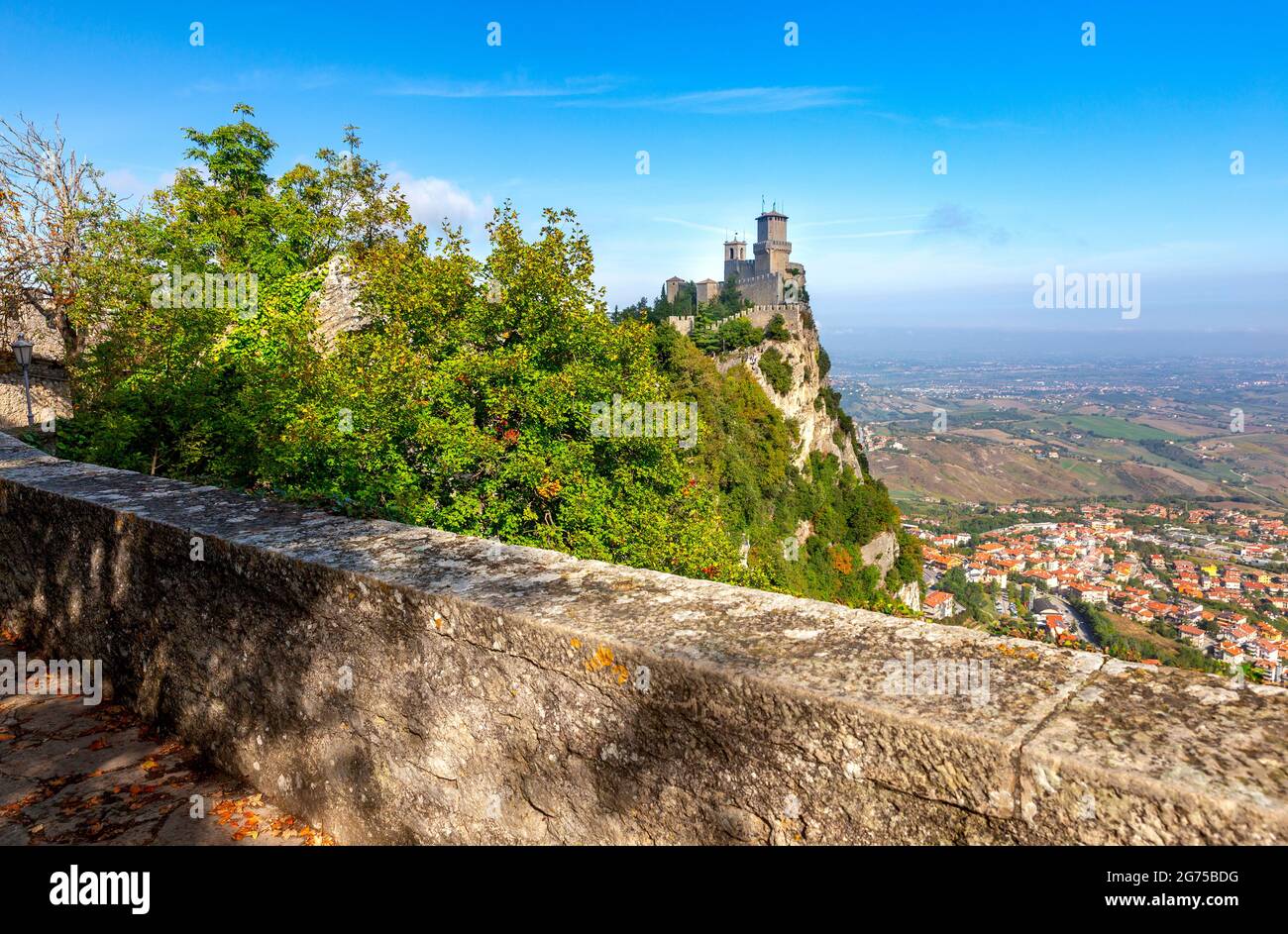 Scenic view of old medieval towers over the valley in the early morning ...