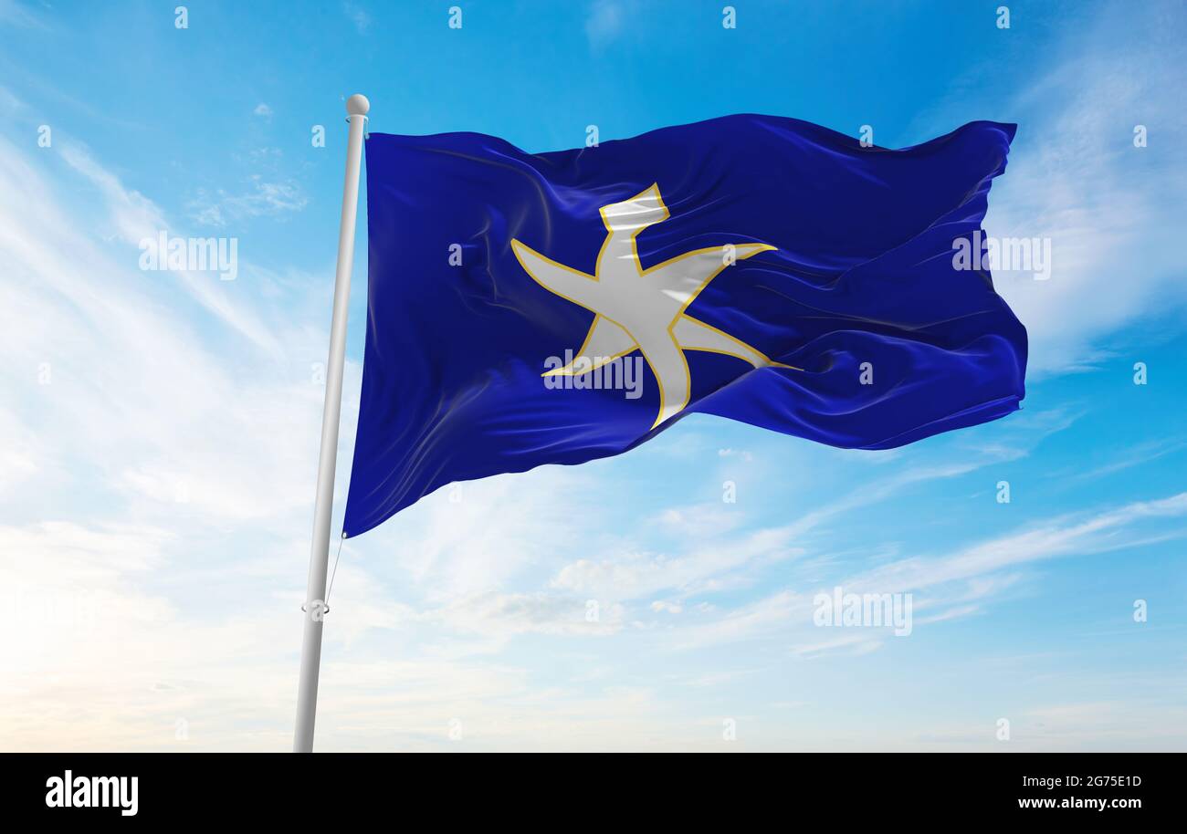 official flag of Chiba prefecture waving in the wind on flagpoles ...