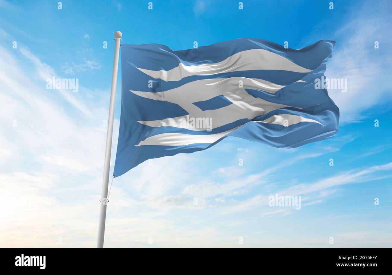 official flag of Hyogo prefecture waving in the wind on flagpoles ...