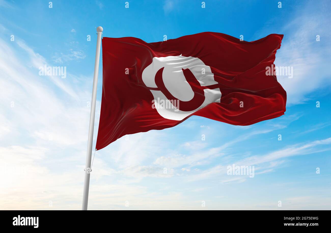 official flag of Kochi prefecture waving in the wind on flagpoles ...