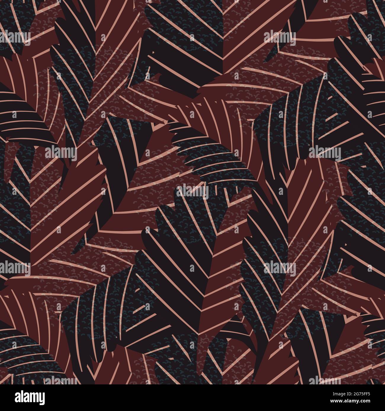 Lino print style earthy stylised vector leaves seamless pattern ...