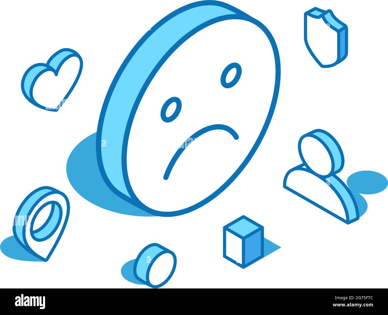 Unhappy emoji blue line isometric illustration. Upset, unsatisfied face ...