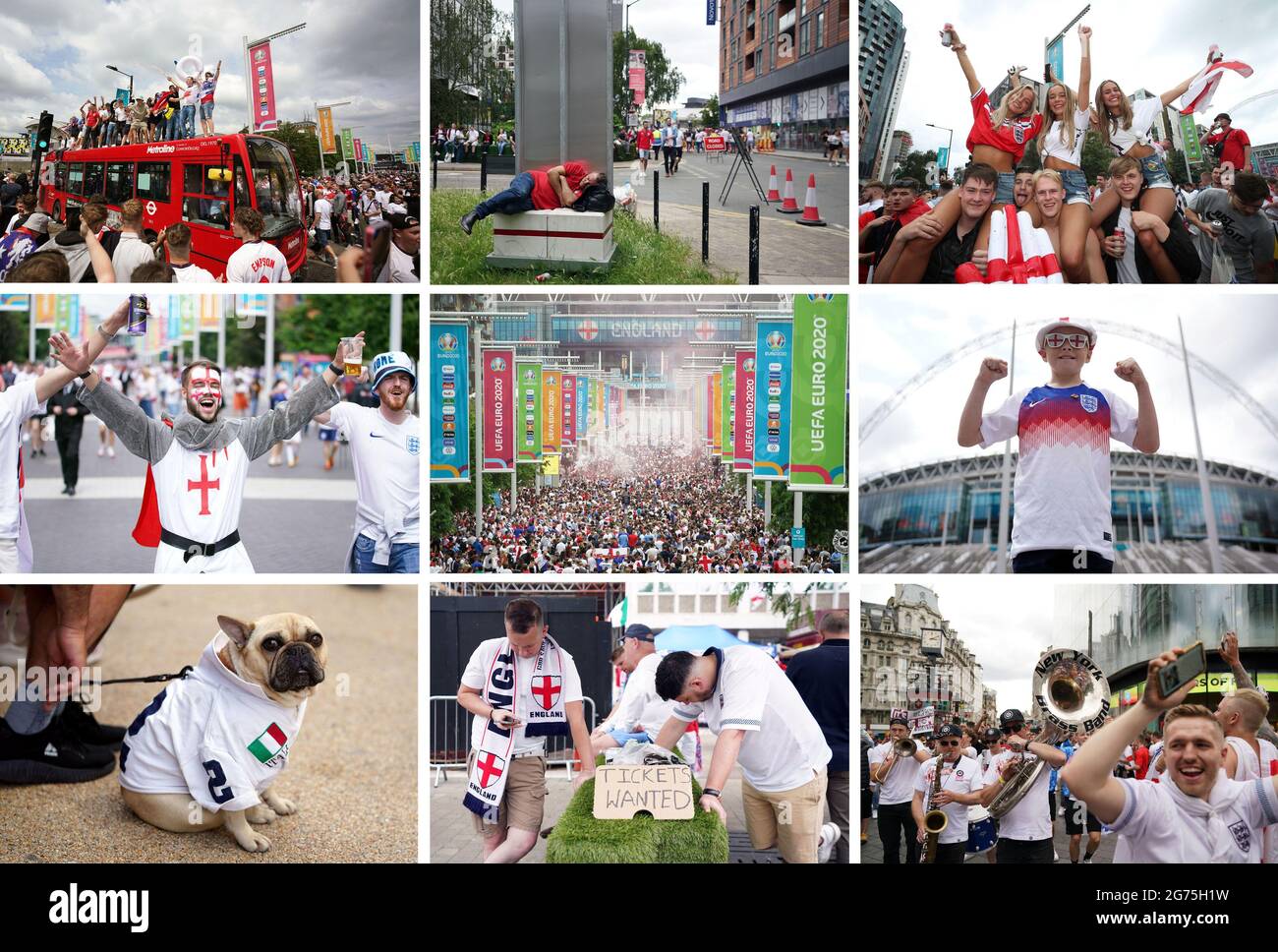 A comp of photos of fans in London ahead of the UEFA Euro 2020 Final at ...