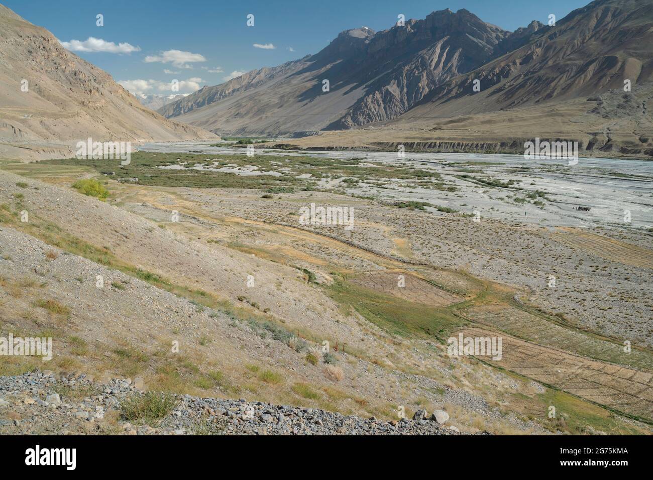 Spiti river and valley flanked by high peaks and ridgeline of Himalaya ...