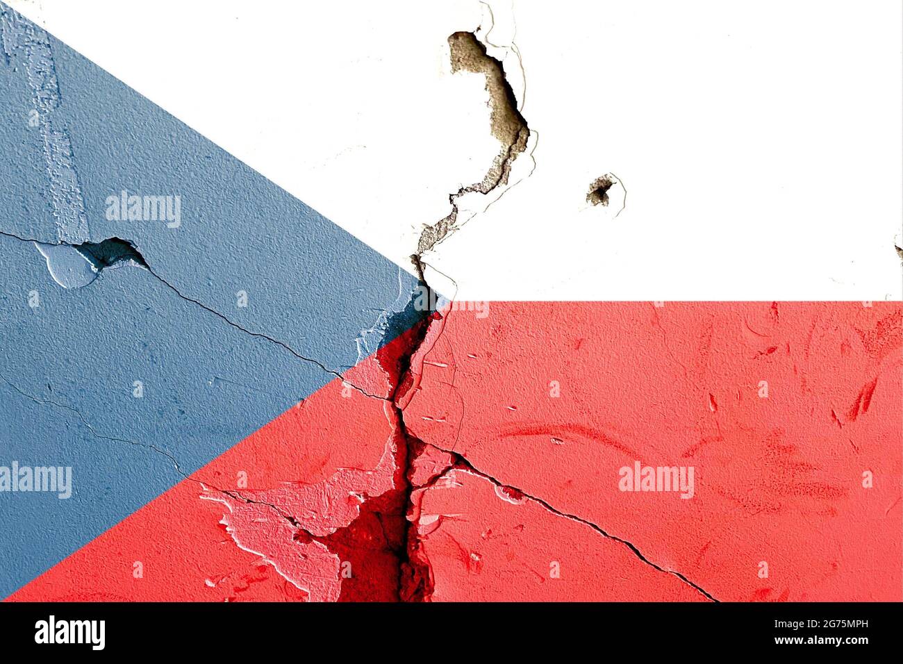 The national flag of the Czech Republic on a weathered broken wall ...