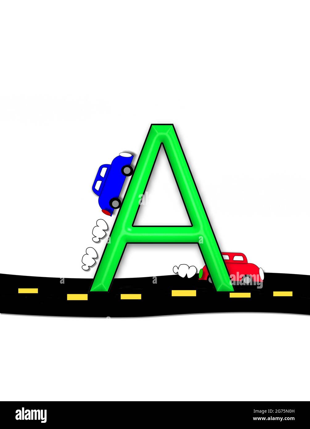 A, in the alphabet set "Highway", sits on a black highway with a yellow ...