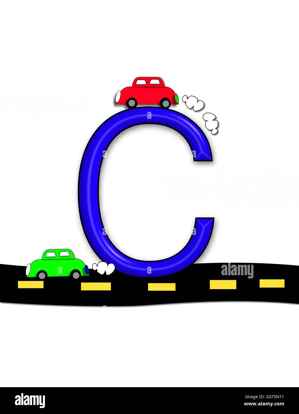 C, in the alphabet set "Highway", sits on a black highway with a yellow ...
