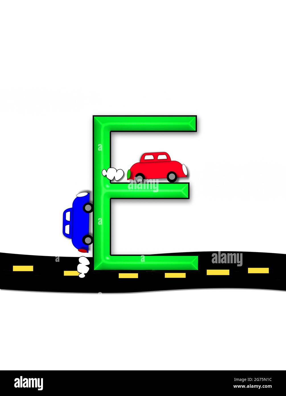 E, in the alphabet set "Highway", sits on a black highway with a yellow ...