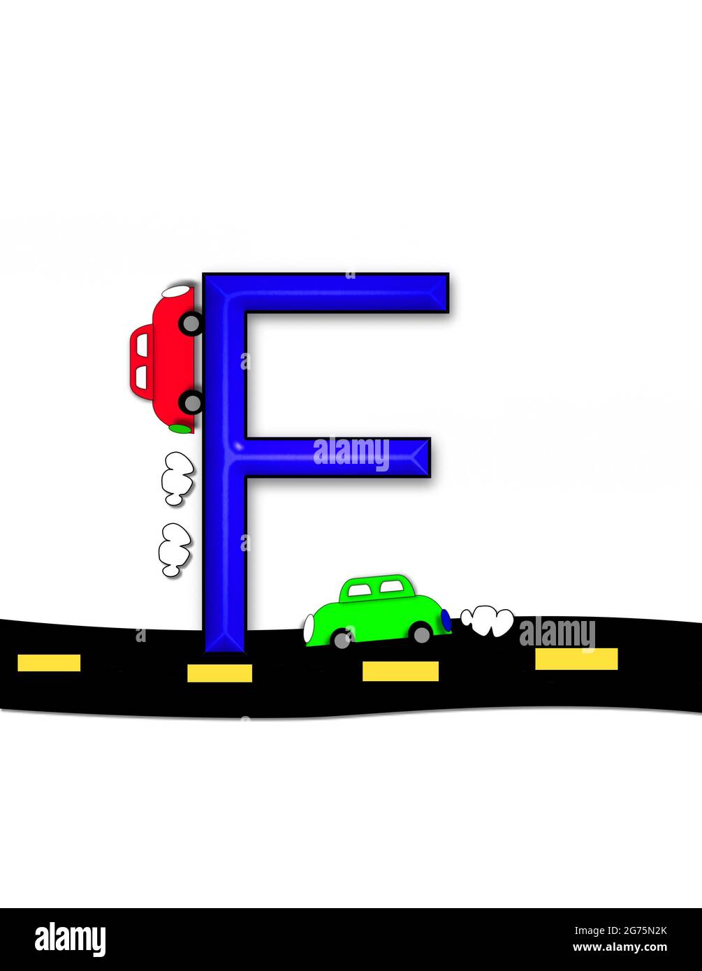 F, in the alphabet set "Highway", sits on a black highway with a yellow ...