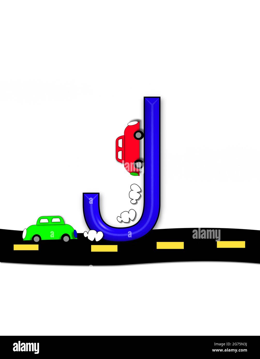 J, in the alphabet set "Highway", sits on a black highway with a yellow ...