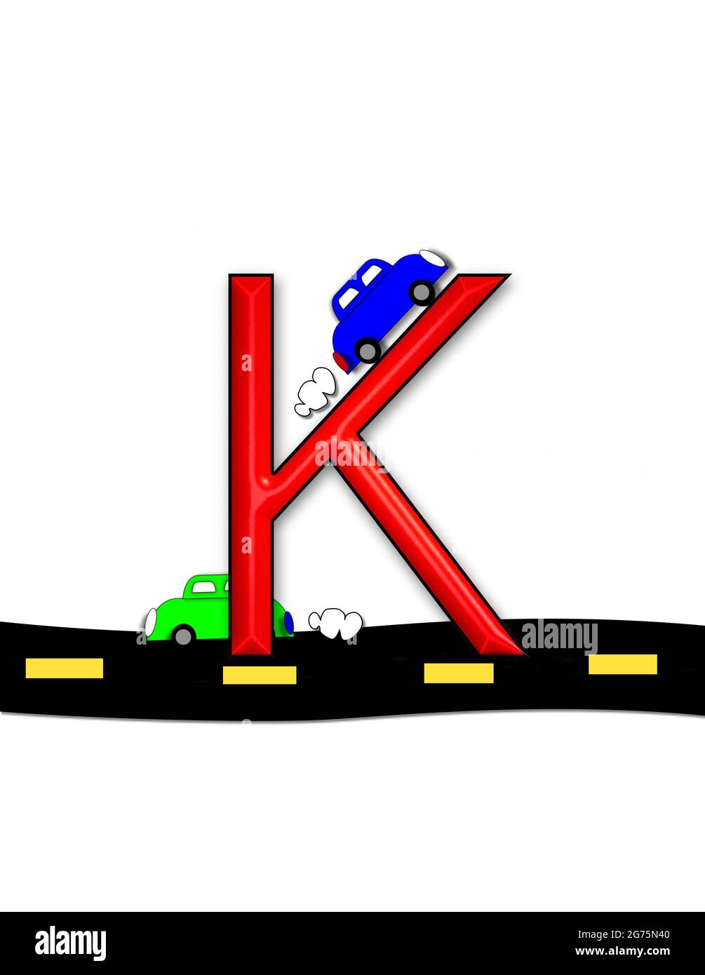 K, in the alphabet set "Highway", sits on a black highway with a yellow ...