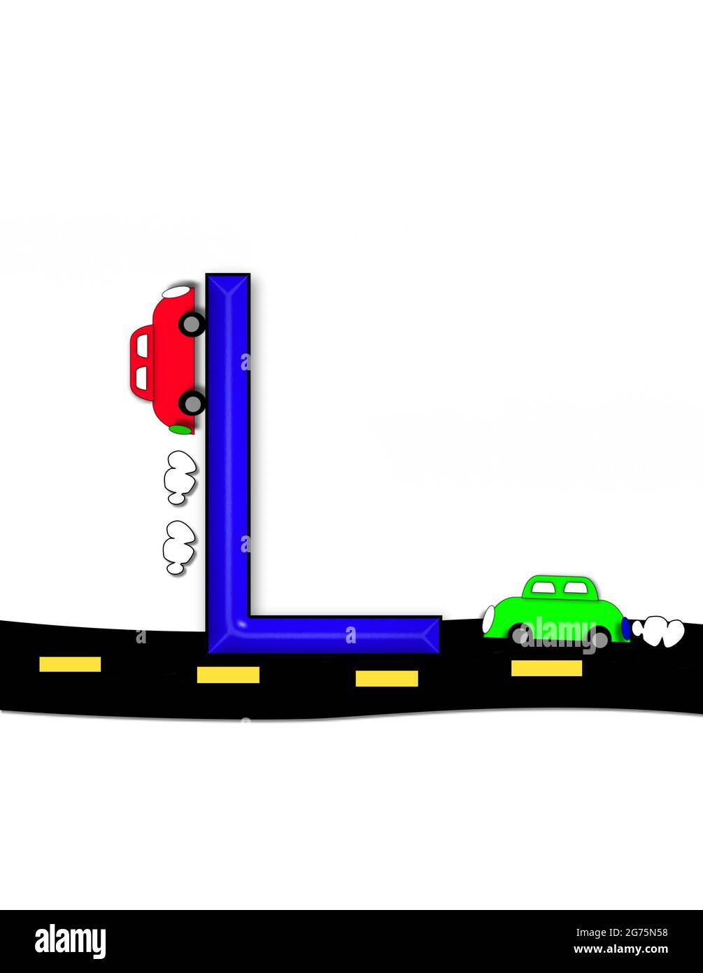 L, in the alphabet set "Highway", sits on a black highway with a yellow ...